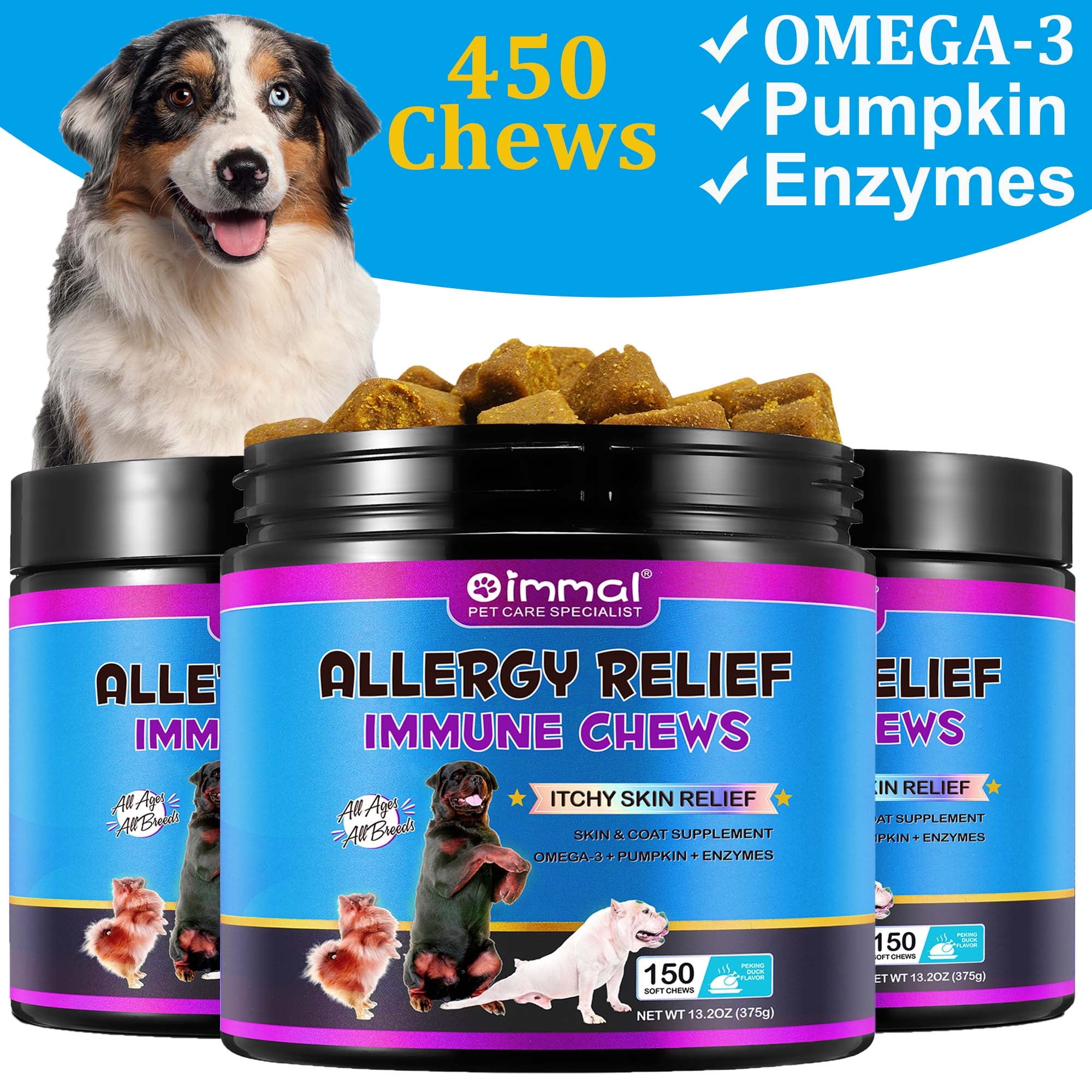 Oimmal Dog Allergy Relief Treats Immune Support 450 Chews,Itchy Skin ...
