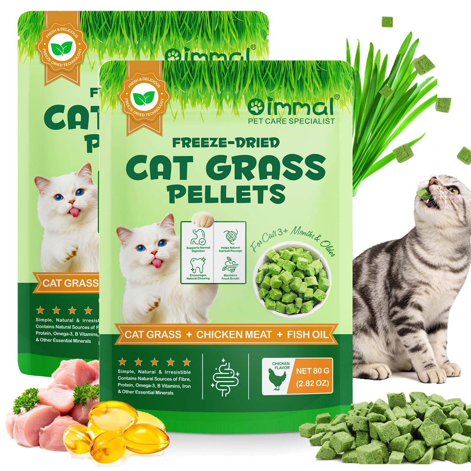 Oimmal Freeze-Dried Cat Grass Pellets with Chicken & Fish Oil, High ...
