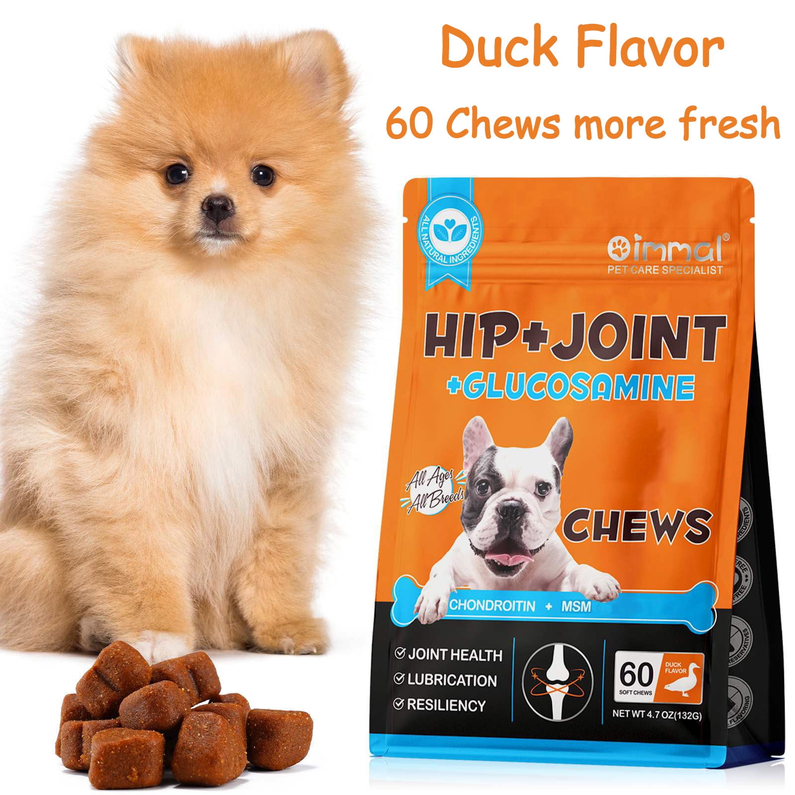 Oimmal Hip and Joint Supplement for Dogs - 60 Soft Chews(Duck Flavor ...