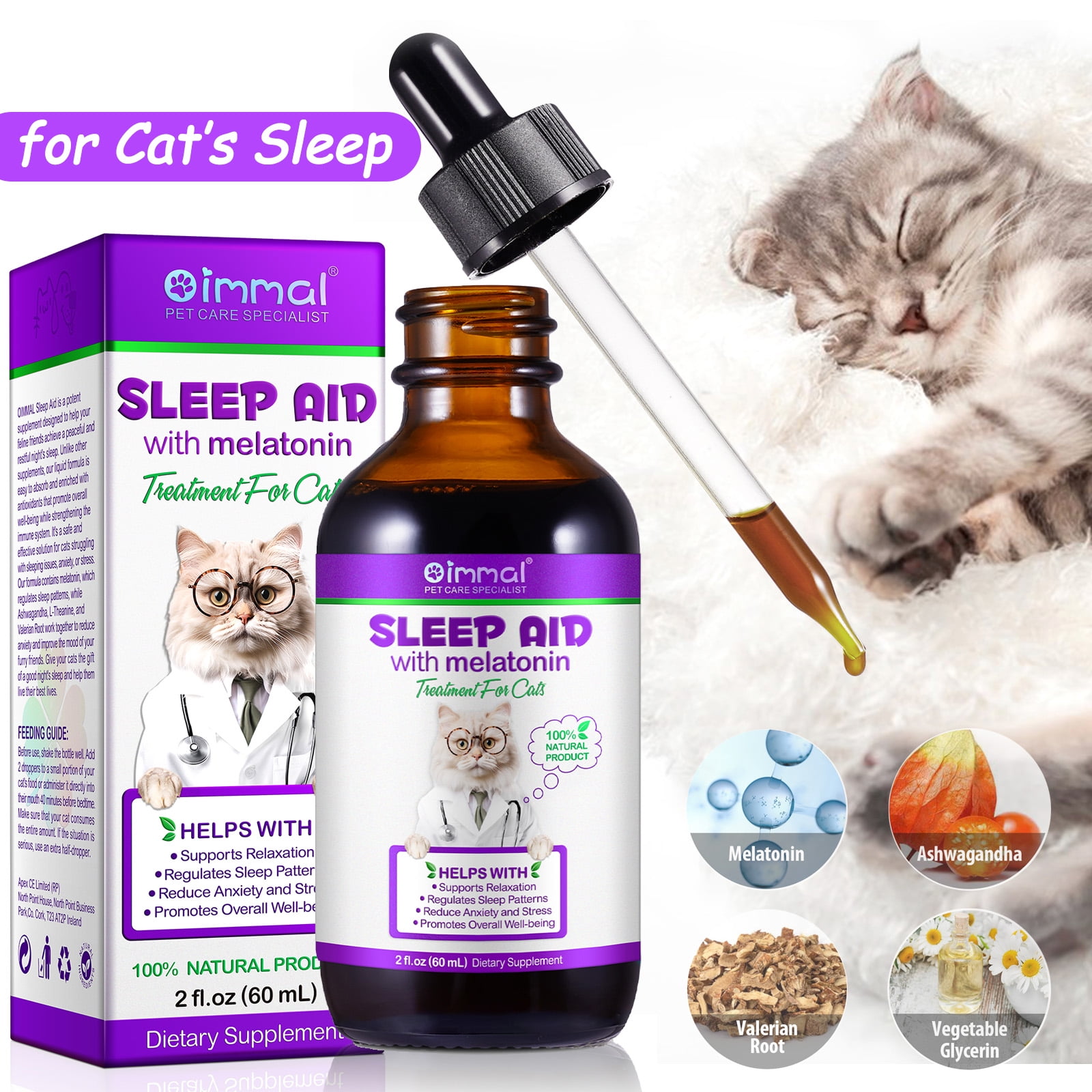 Oimmal Liquid Melatonin for Cats, Sleep Aid and Stress Relief, 2 fl oz ...