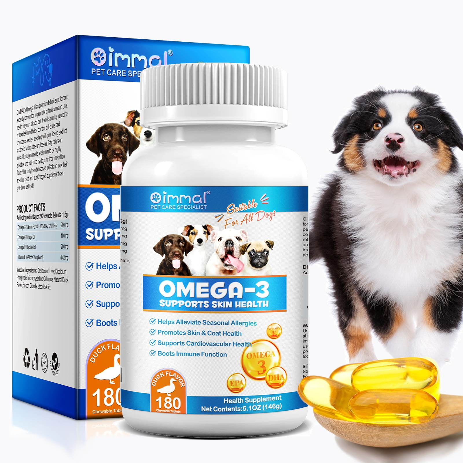 Oimmal Omega-3 Chewable Tablets for Dogs, Promotes Skin & Coat Health ...
