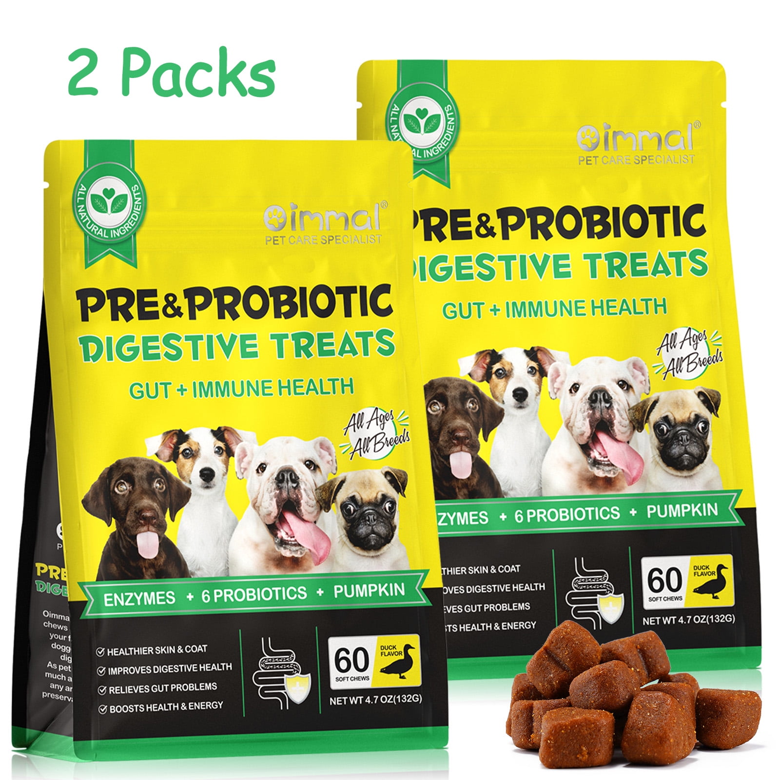 Oimmal Pre & Probiotics Chews for Dogs - 60 Soft Chews(Duck Flavor ...
