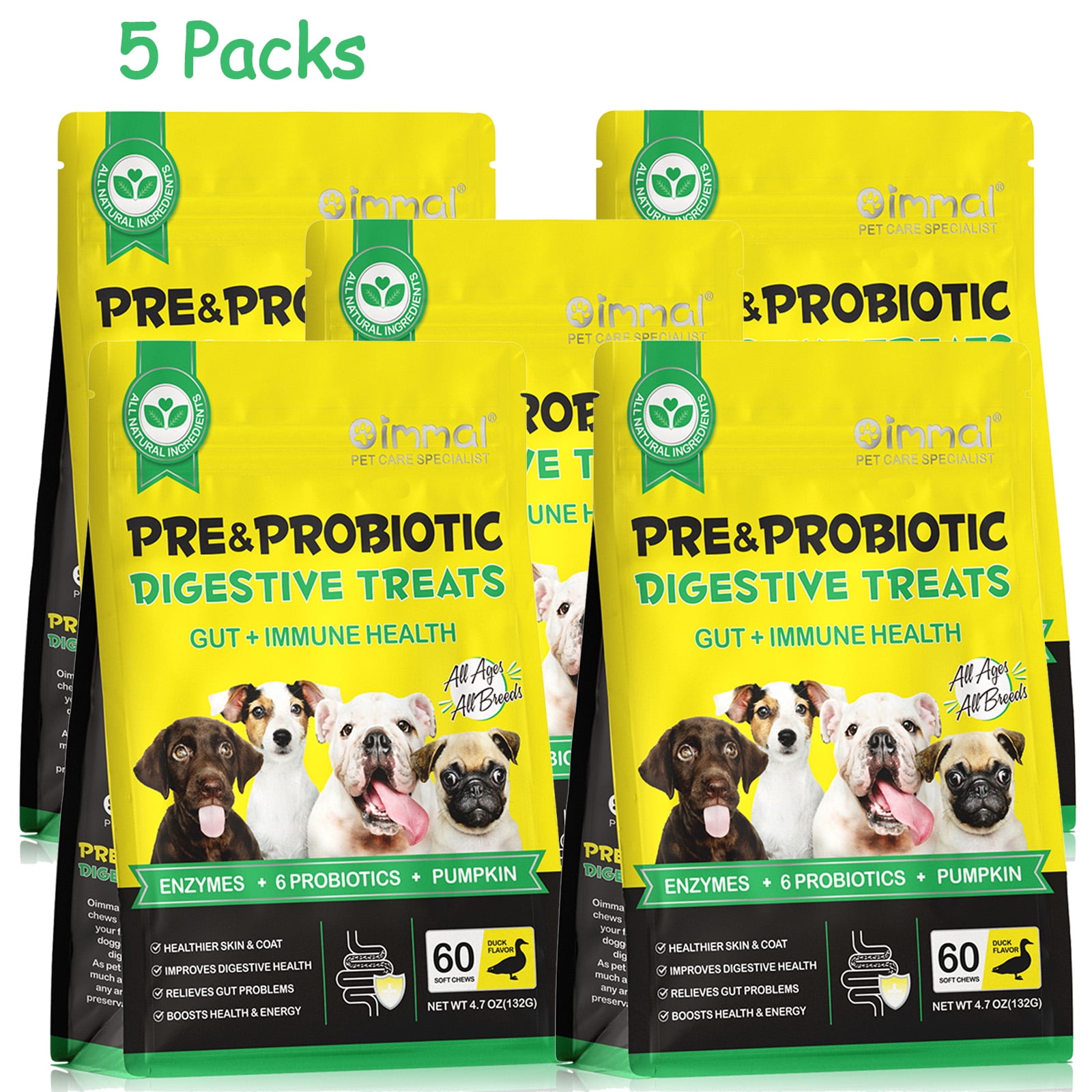 Oimmal Pre & Probiotics Chews for Dogs - 60 Soft Chews(Duck Flavor), Digestive Probiotics for ...