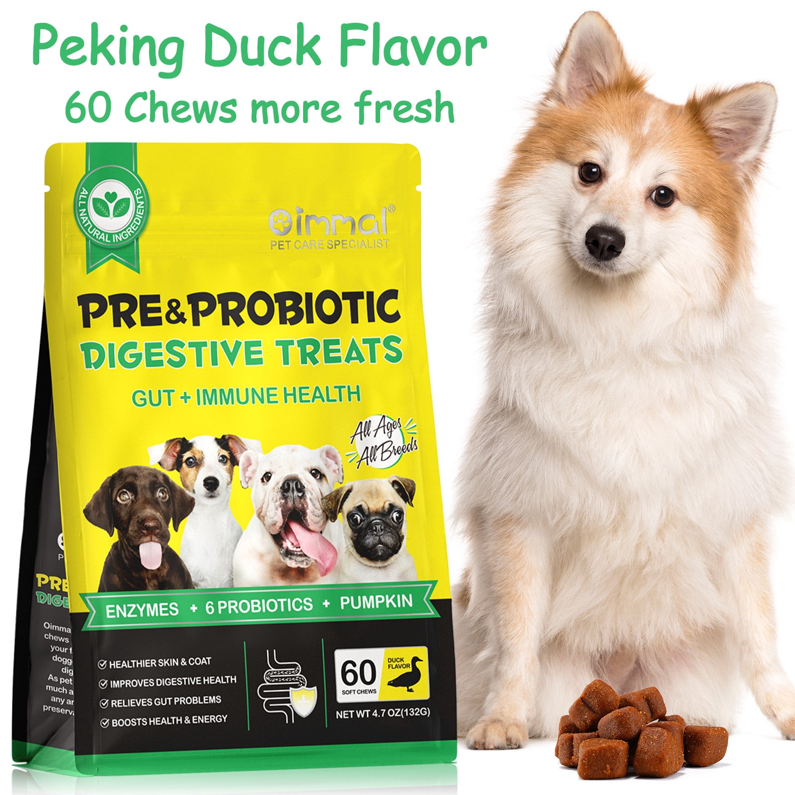 Oimmal Pre & Probiotics Chews for Dogs - 60 Soft Chews(Duck Flavor ...