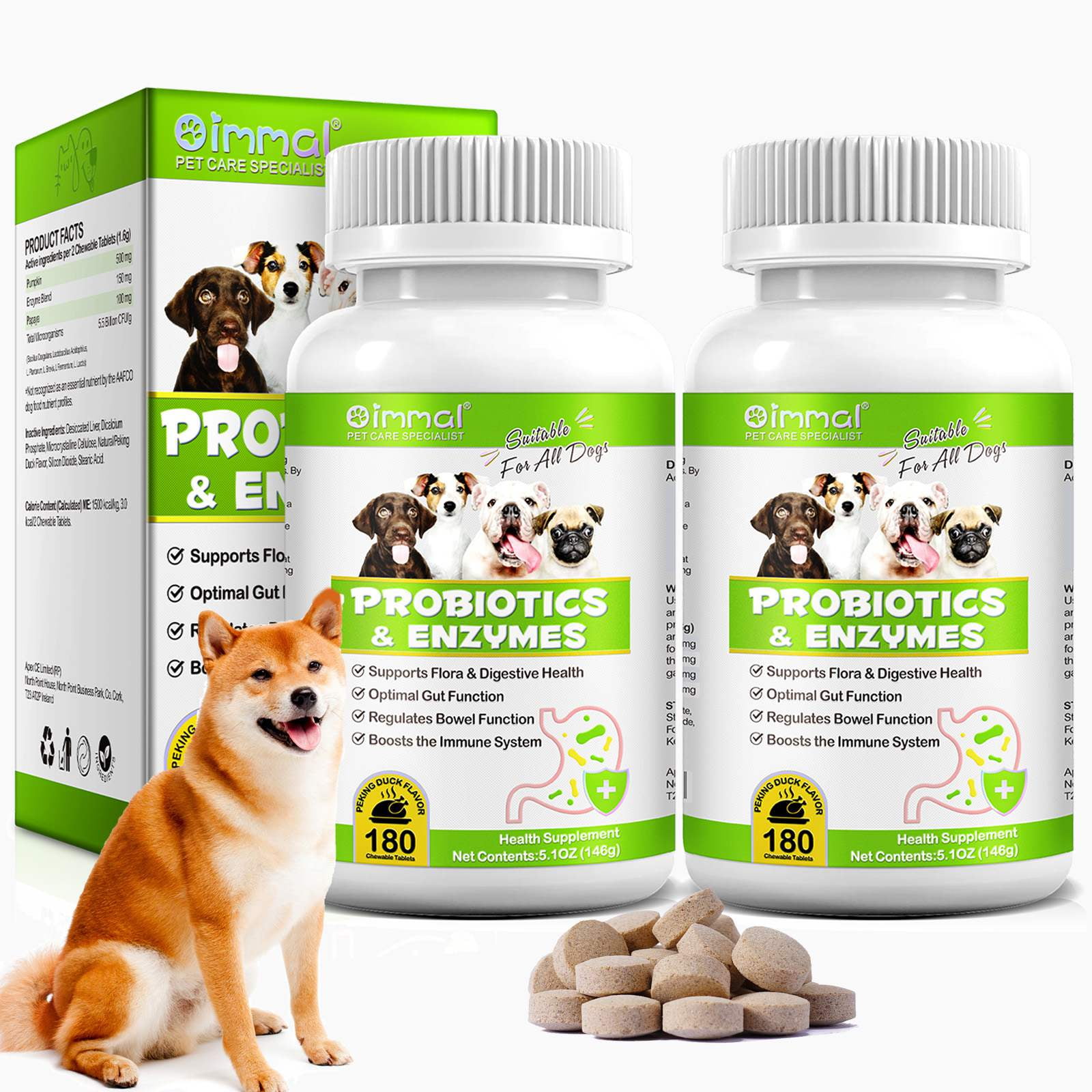 Oimmal Probiotics & Enzymes Chewable Tablets for Dogs, Helps Relieve ...