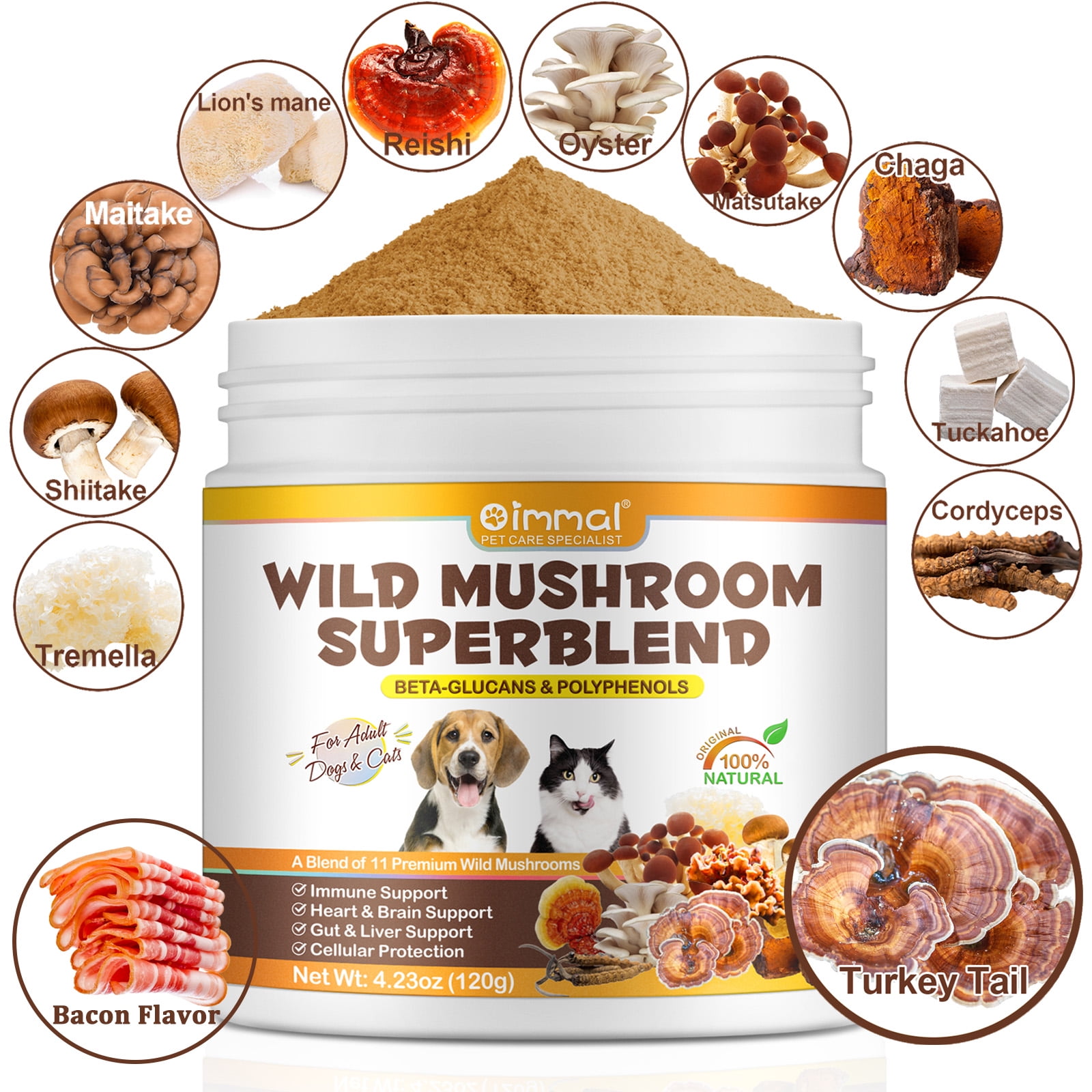 Oimmal Wild Mushroom Supplement for Dogs and Cats, Immune and Brain ...
