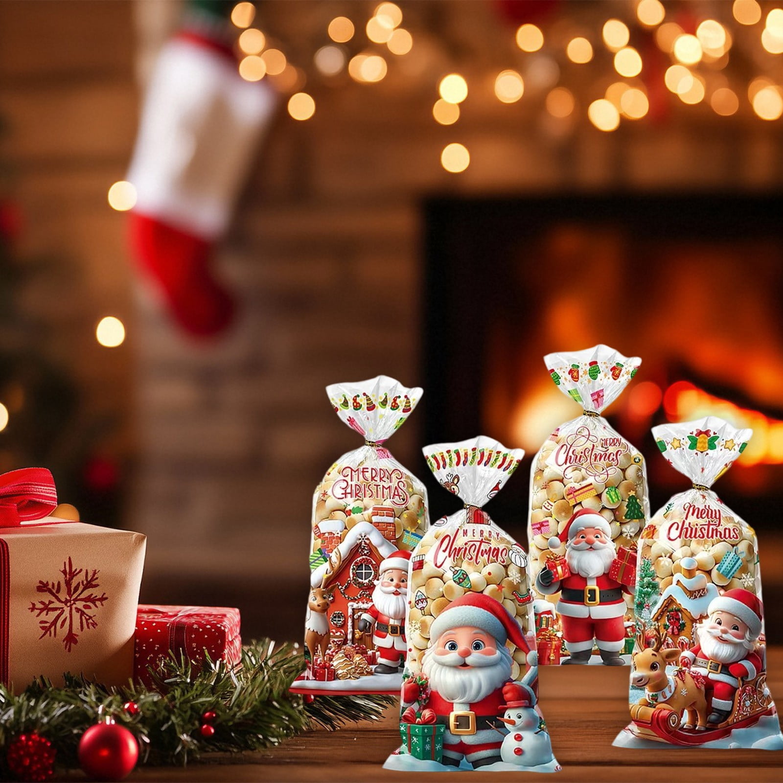 Oioii 50PCS Christmas Treat Bags, Xmas Plastic Drawstring Gift Bags ...