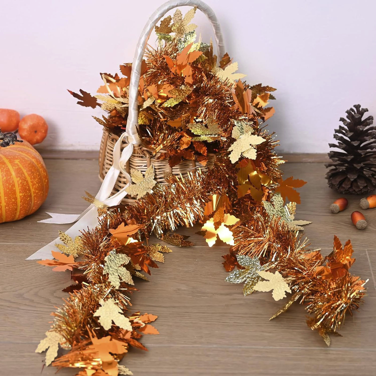 Oioii 78.74in Thanksgiving Fall Tinsel Garlands, Maple Leaf Glittering ...