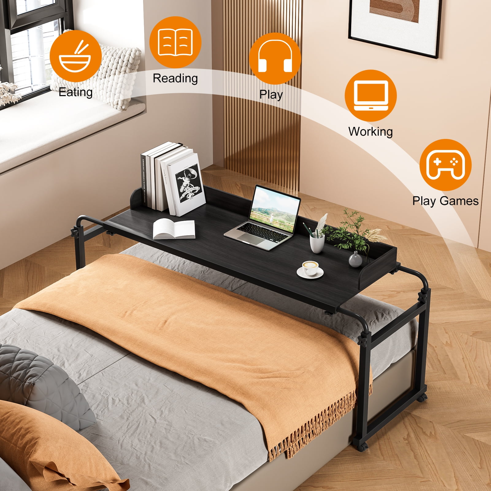 Oiur 140x50CM Bed Table,Height Adjustable Overbed Table with Wheels ...