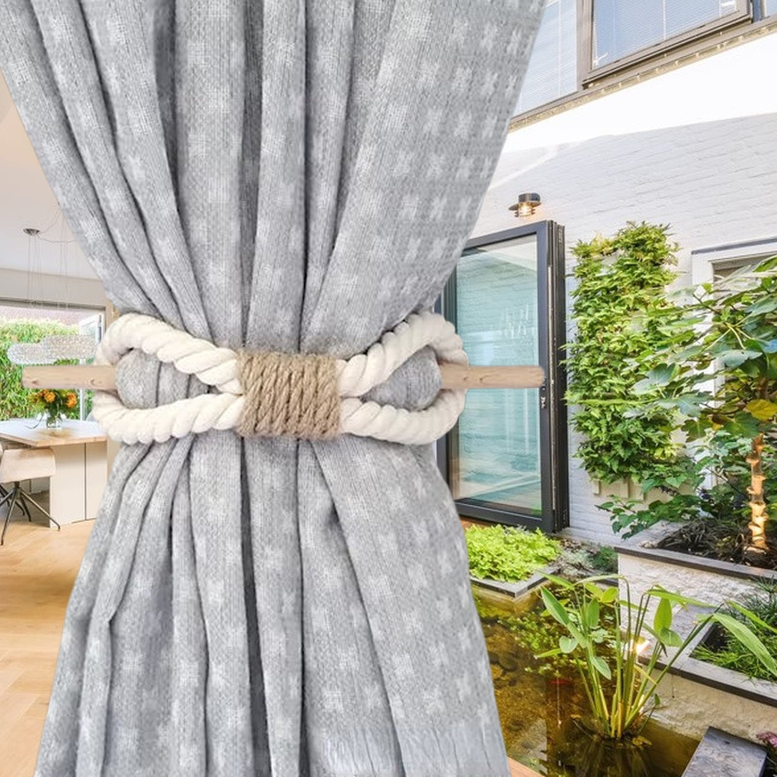 Oiur 2Pcs Curtain Tieback Cotton Rope with Wooden Stick Handmade Boho ...