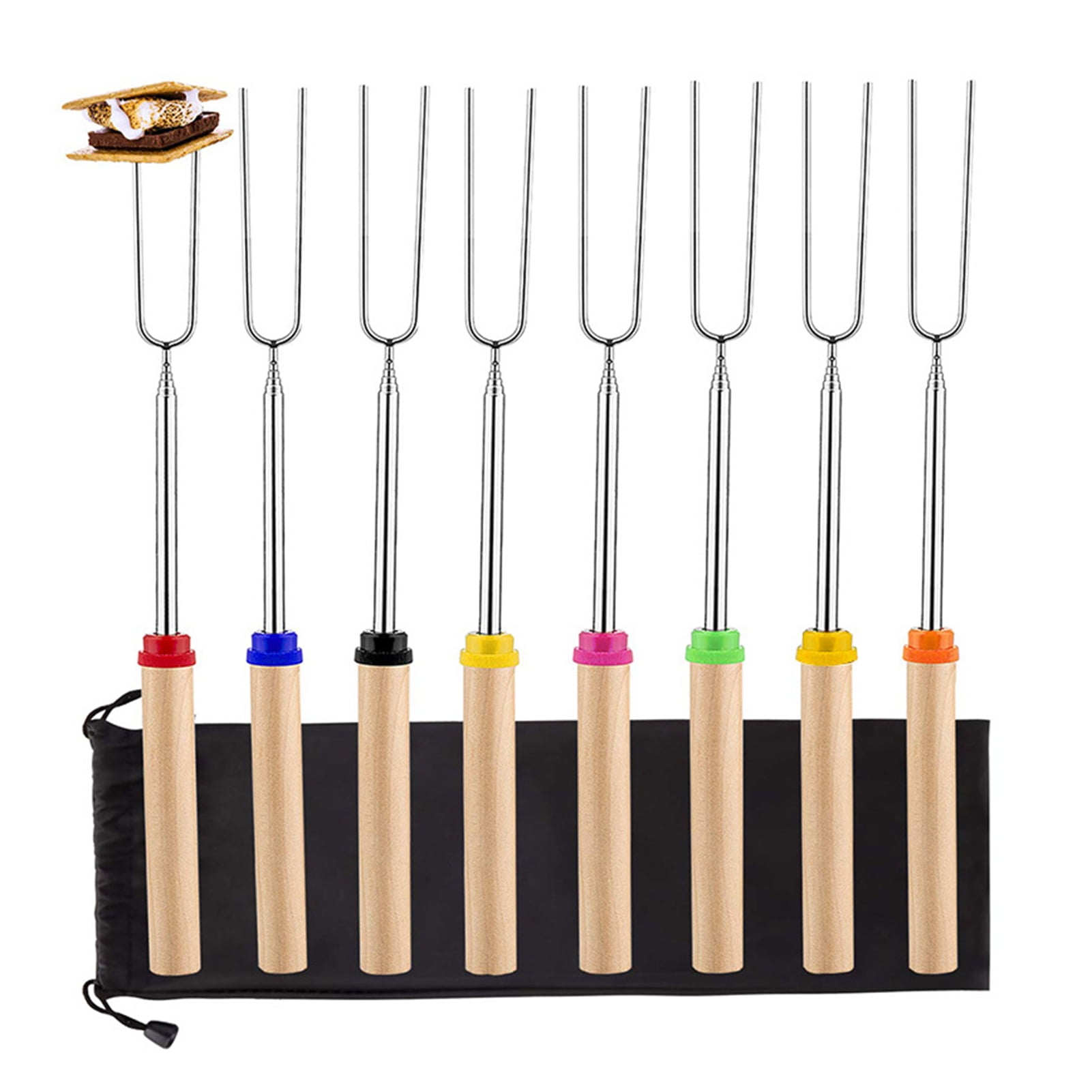 Oiur 8Pcs Telescopic Barbecue Fork Stainless Steel U-shaped Double Skewers Smores Stick with ...
