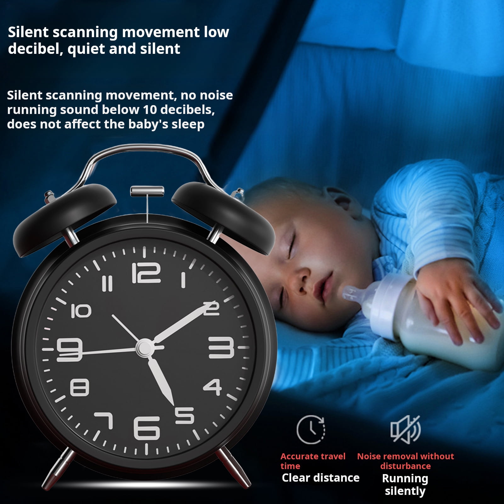 Oiur Alarm Clock Silent Non-Ticking Easy to Read Battery Operated Round ...
