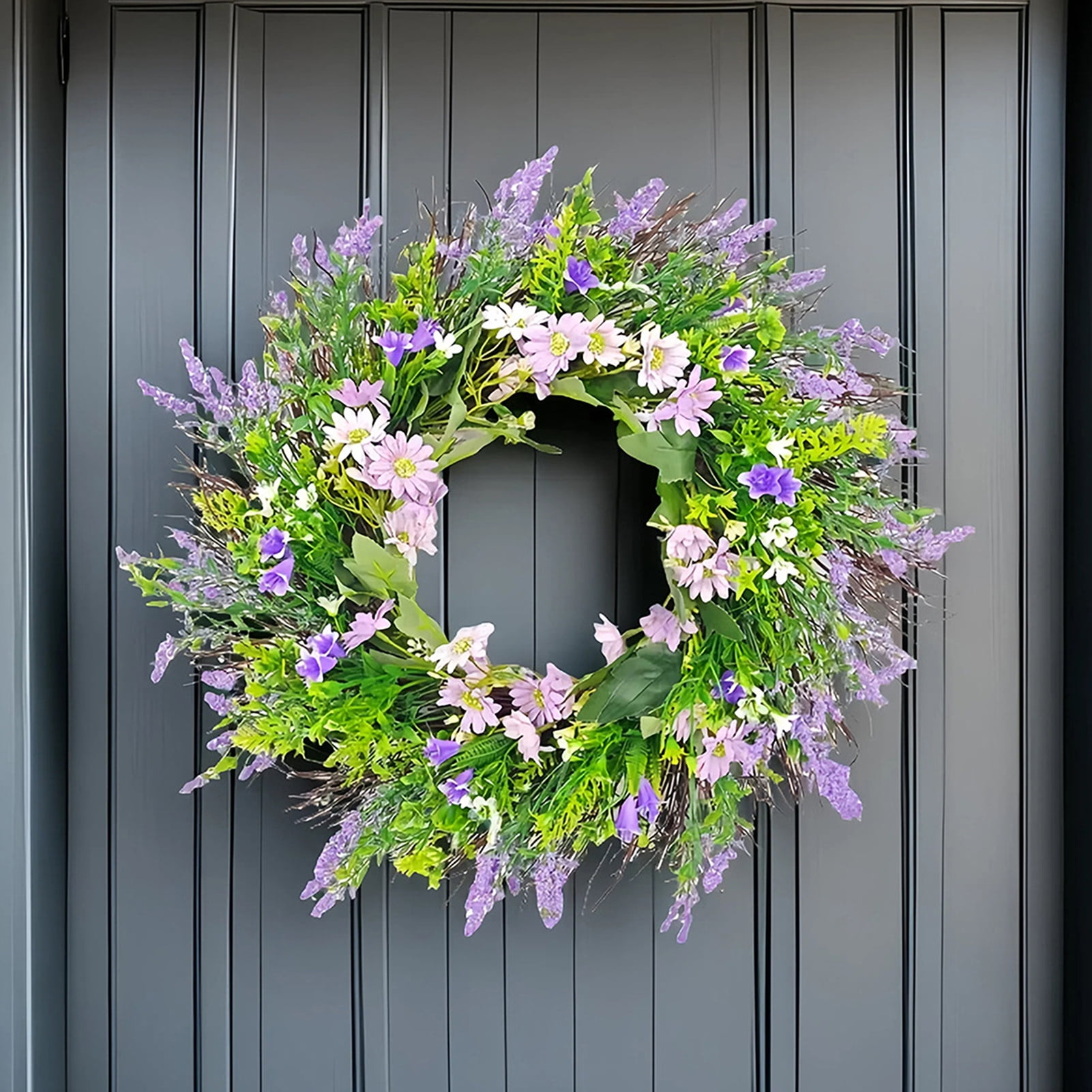Oiur Artificial Wildflower Spring Wreath 15.7 Inch Faux Lavender ...