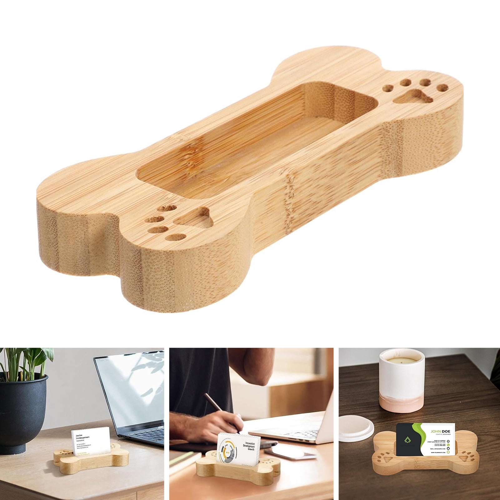 Oiur Desktop Business Card Holder Dog Bone Shape Curved Thick Wooden ...