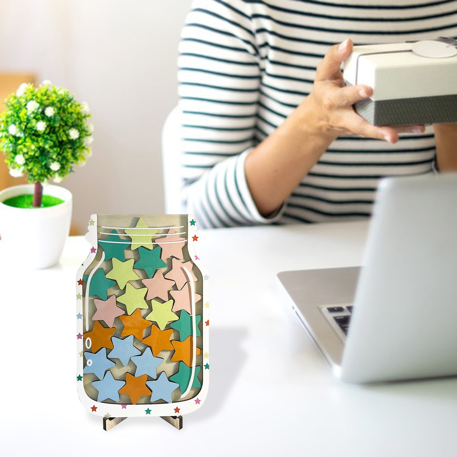 Oiur Star Reward Jar,Wooden Reward Jar with 25 Colorful Stars Stand ...