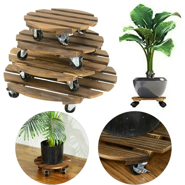 Oiur Wooden Flower Pot Tray Round Plant Rolling Board Outdoor ...