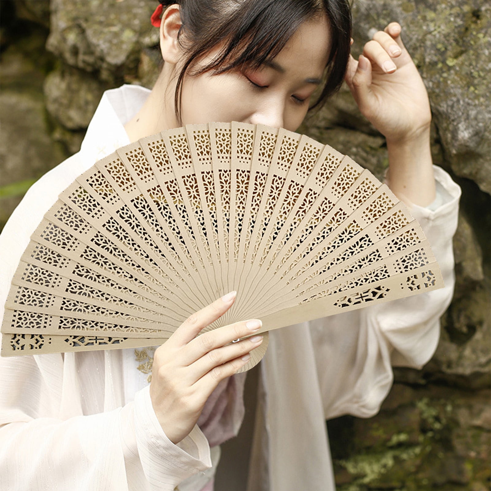 Oiur Wooden Folding Fan Chinese Style Hollow Ribs Portable Summer Hand ...