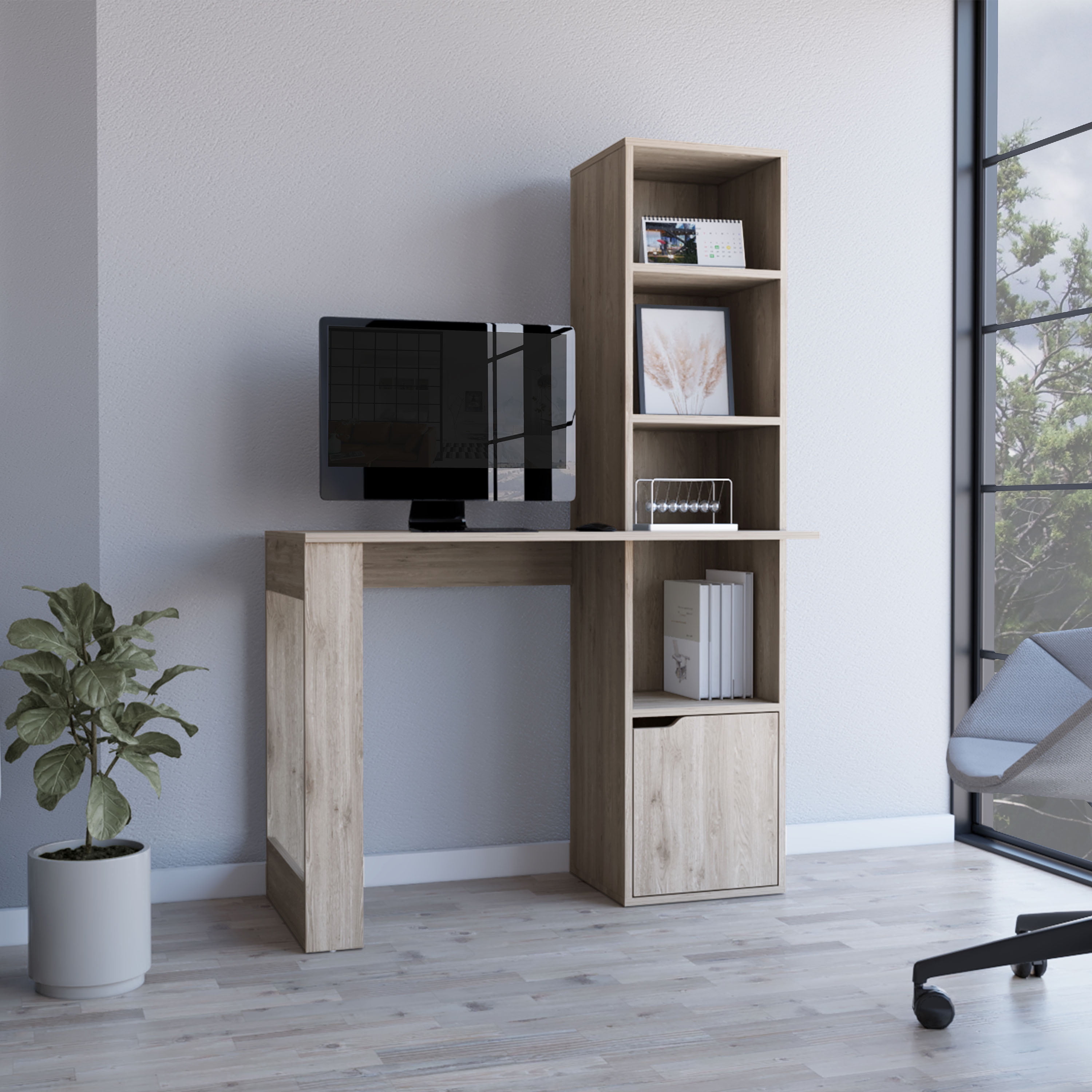 Oiwa Computer Desk with Bookcase and Cabinet, Grey Desk for Small ...