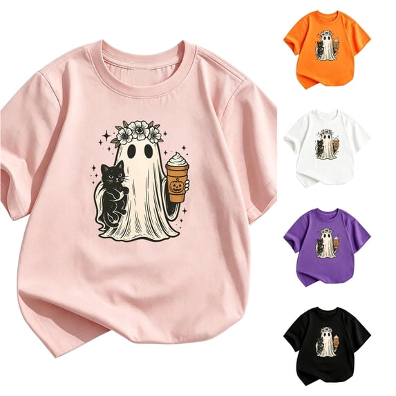 Oiyii Big Girl's Halloween Short‑Sleeve T‑Shirt Ghost Black Cat Coffee ...