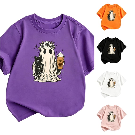 Oiyii Toddler Girl's Halloween Short‑Sleeve T‑Shirt Ghost Black Cat ...