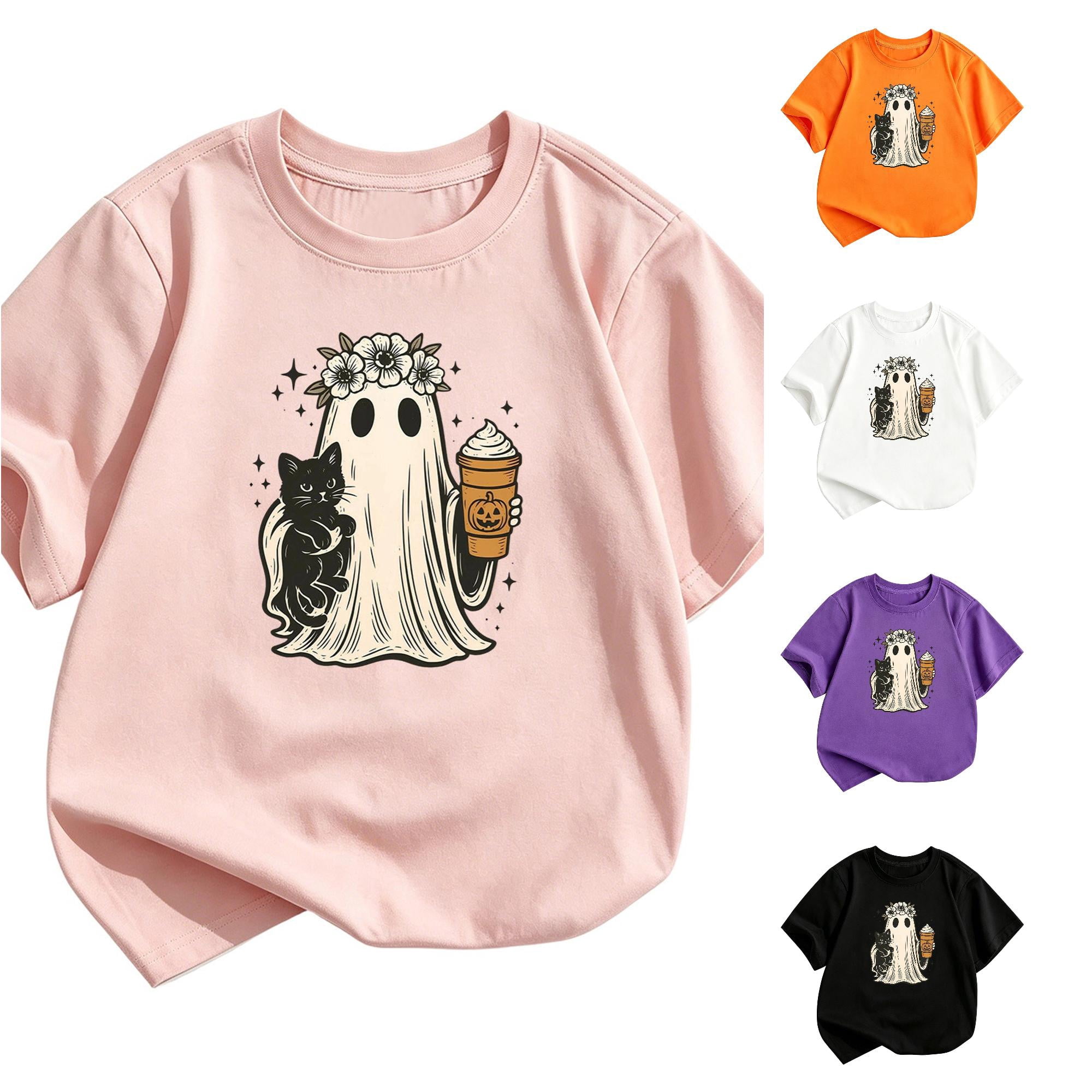 Oiyii Toddler Girl's Halloween Short‑Sleeve T‑Shirt Ghost Black Cat ...