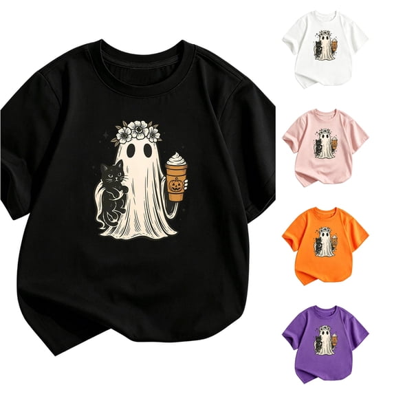 Oiyii Toddler Girl's Halloween Short‑Sleeve T‑Shirt Ghost Black Cat ...