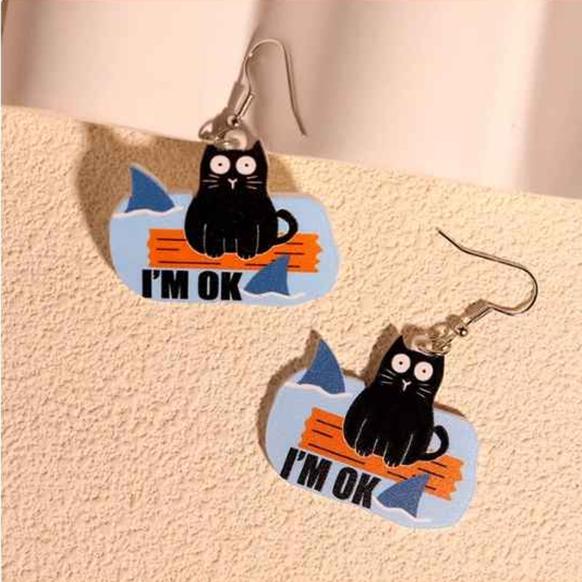 I'm Ok Cat Earrings Earring Acrylic Shark Attack Floating Meme Cute Sad ...