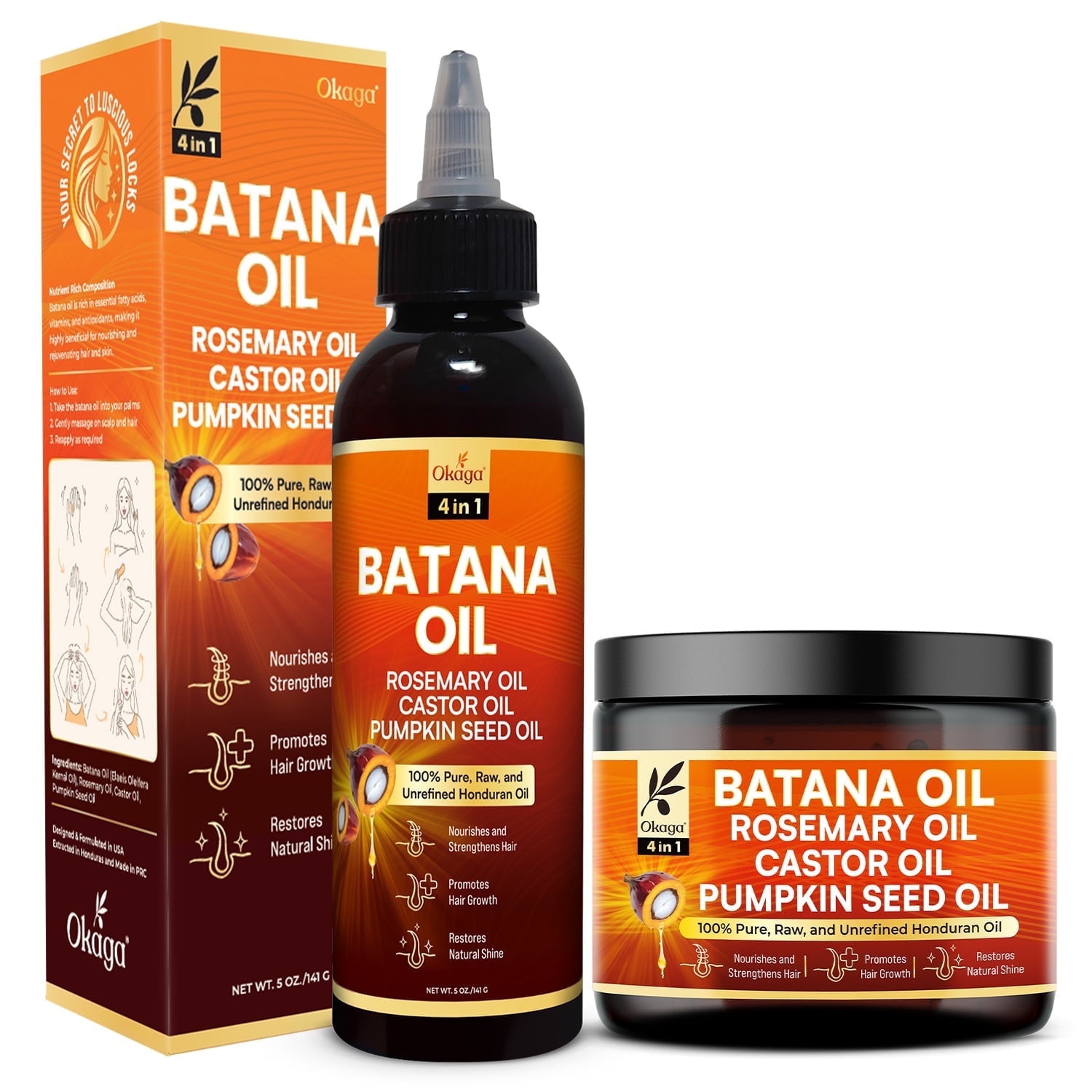 Okaga Batana Oil and Cream for Hair Growth Bundle, Rosemary, Castor ...