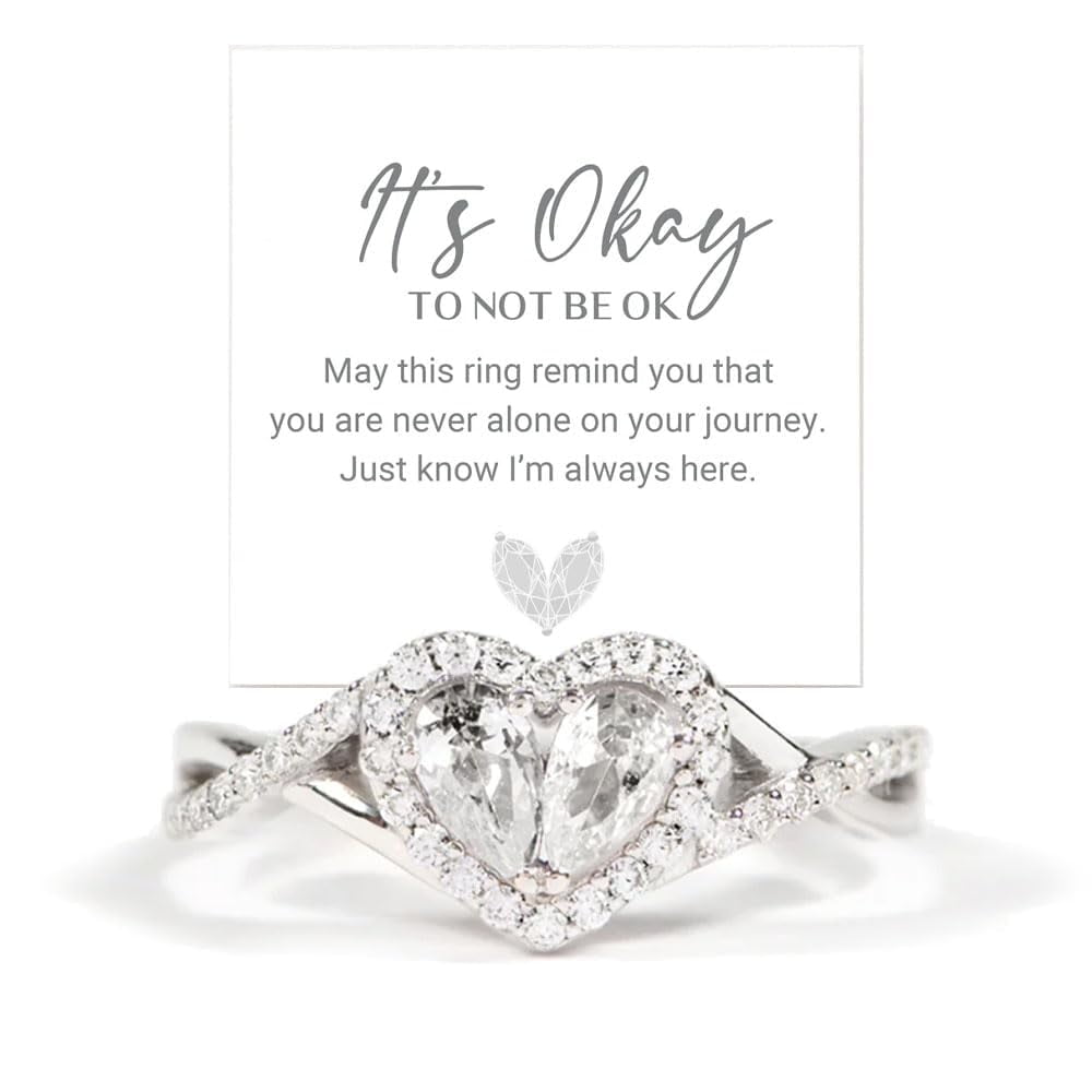 It's Okay Dual Teardrop Heart Ring, Silver Cubic Zirconia Teardrop ...
