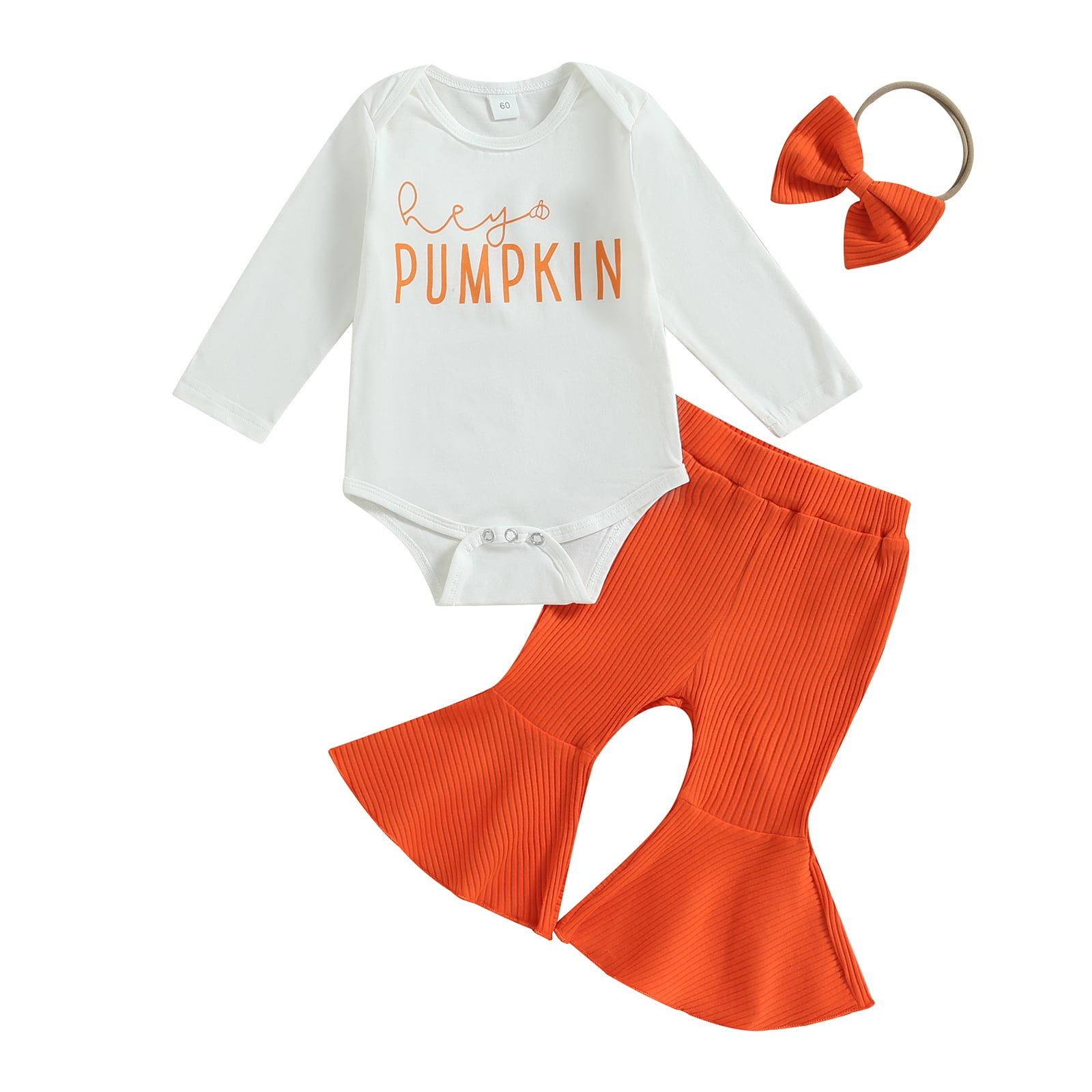 Okbabeha Baby Girl Halloween Outfit Long Sleeve Hey Pumpkin Romper Ribbed Bell Bottom Pants Set ...