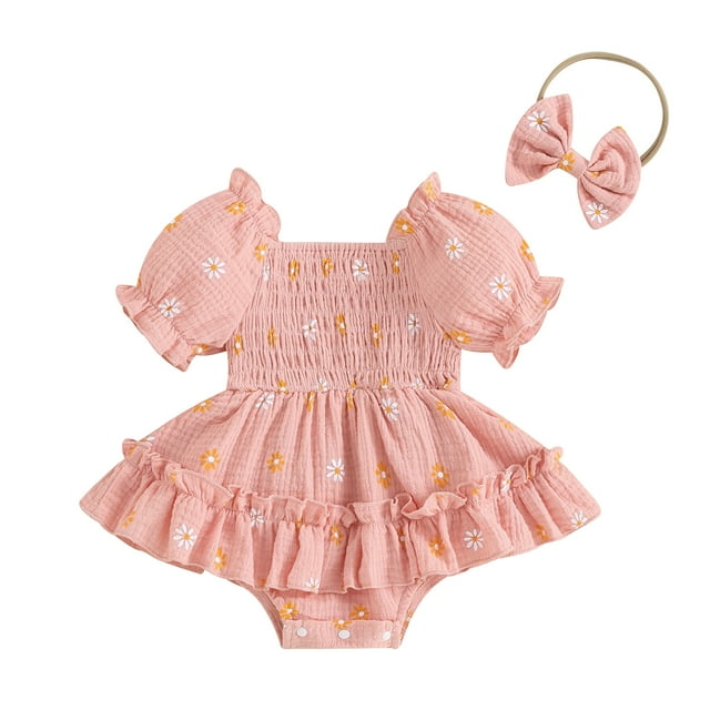 Okbabeha Baby Girl Summer Clothes Daisy Bodysuit Puff Sleeve Bubble Romper Smocked Dress Newborn ...