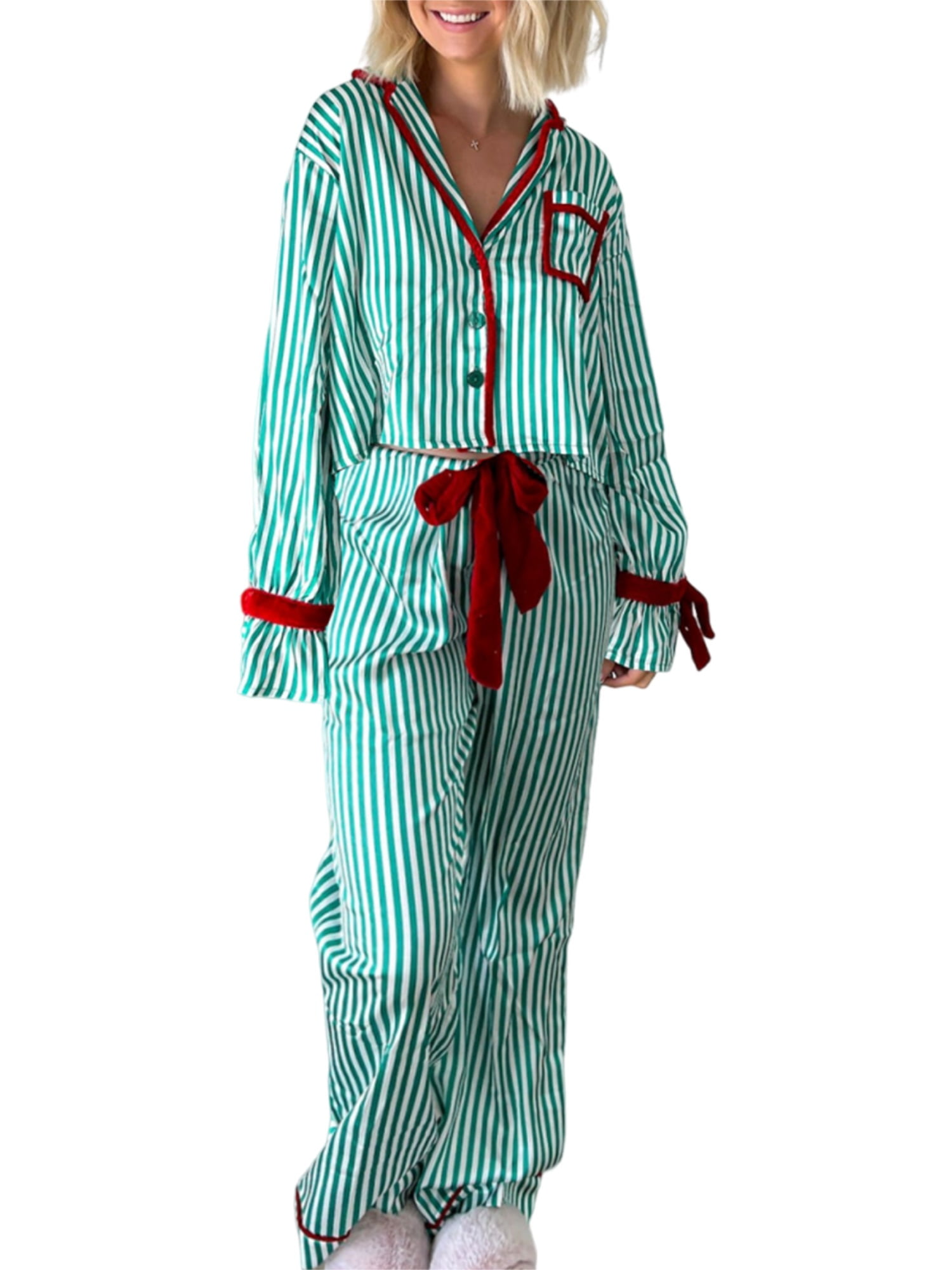 Okbabeha Holiday Striped Pajama Set for Women Santa Bow Tie Pajama Set ...