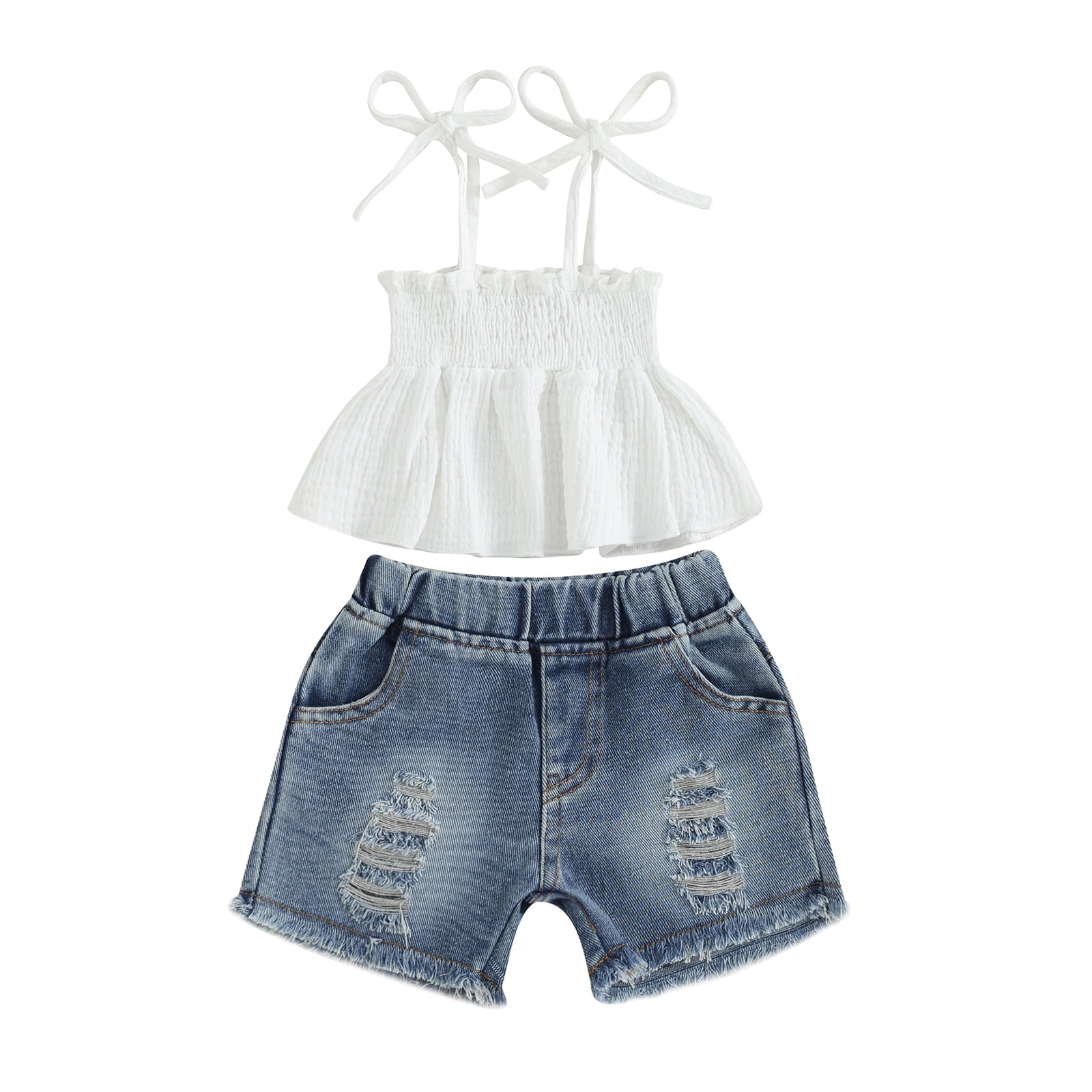 Okbabeha Kids Girls Summer Outfits Ruffle Suspender Crop Tops Pleated ...