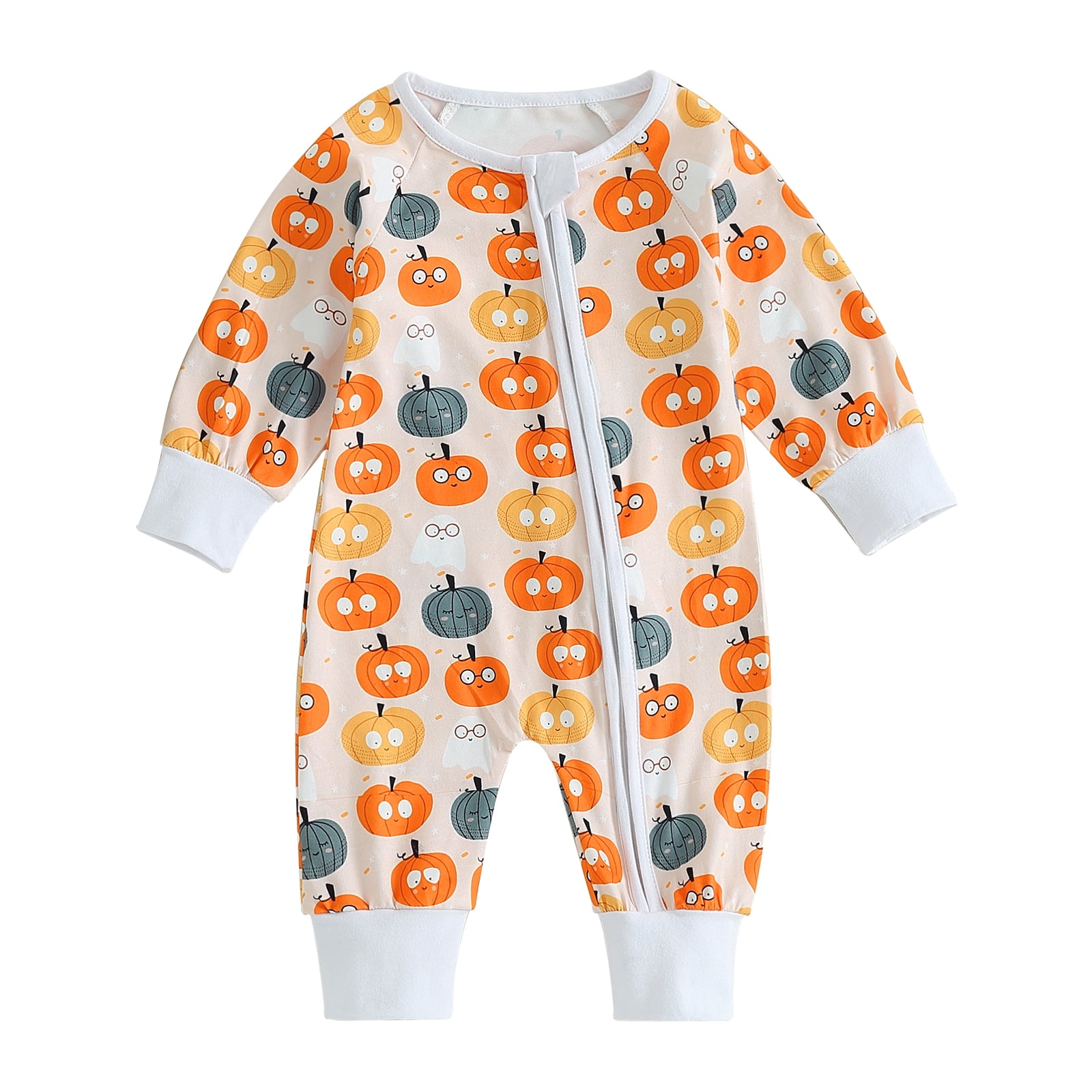 Okbabeha Newborn Baby Girl Boy Pumpkin Outfits Long Sleeve Zipper Romper Jumpsuit Onepiece Zip ...