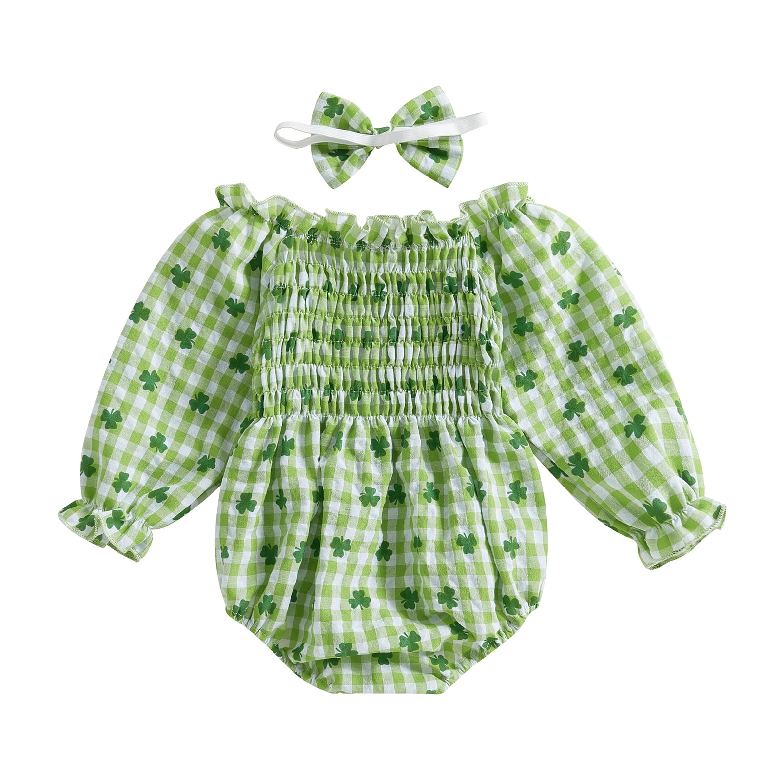 Okbabeha Newborn Baby Girl St Patricks Day Outfit Ruffled Irish Clover Long Sleeve Bubble Romper ...