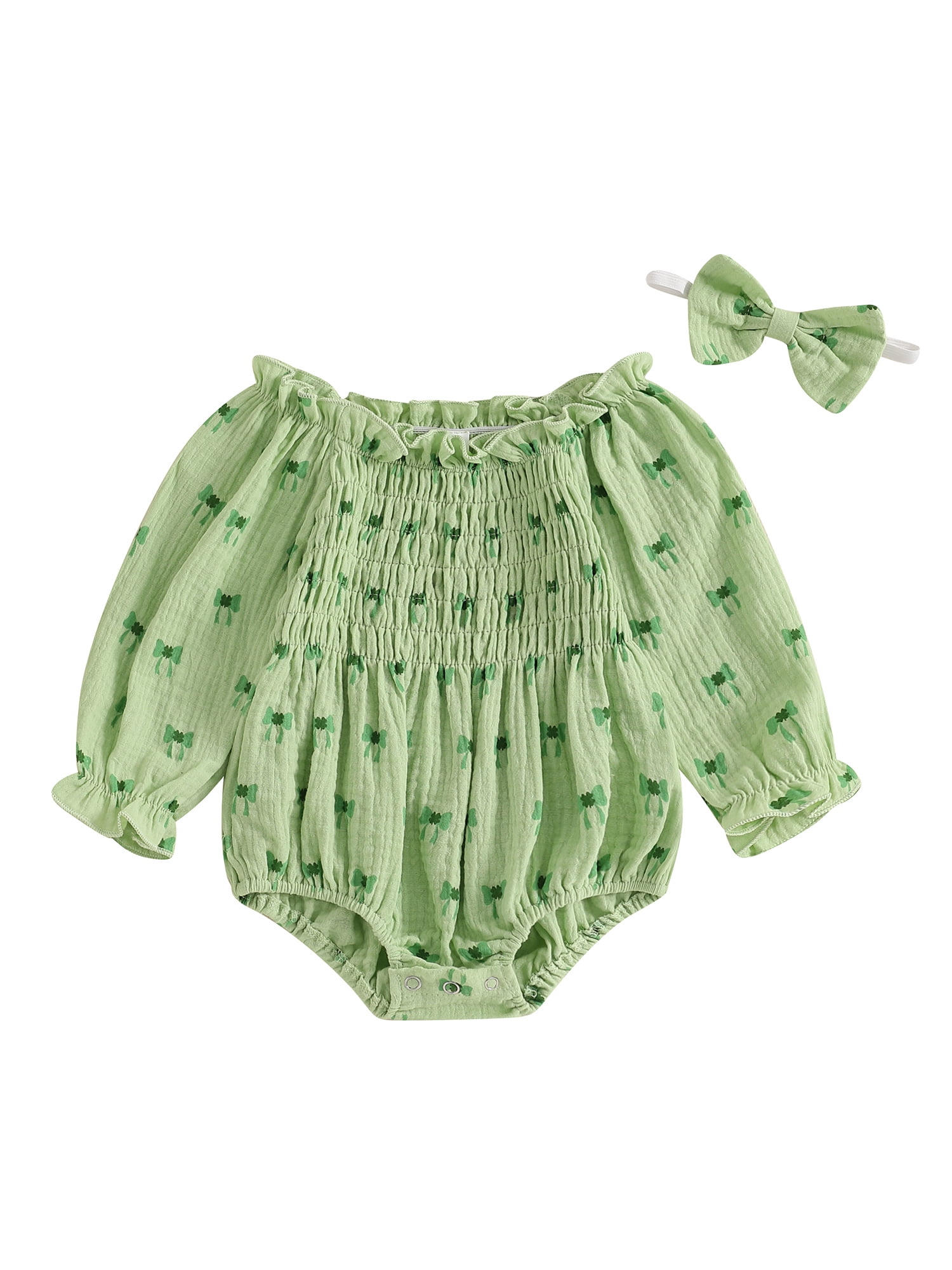 Okbabeha Newborn Baby Girl St Patricks Day Outfit Ruffled Irish Clover Long Sleeve Bubble Romper ...