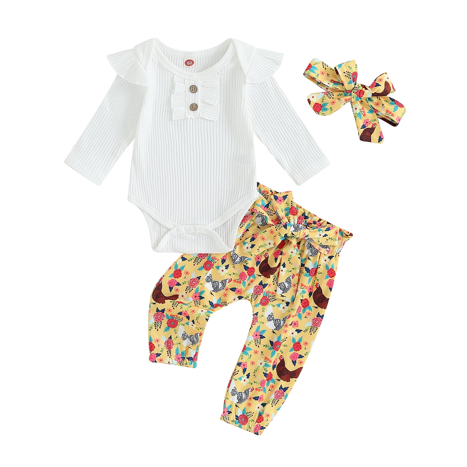Okbabeha Newborn Baby Girls Fall Floral Outfits Ruffle Long Sleeve ...