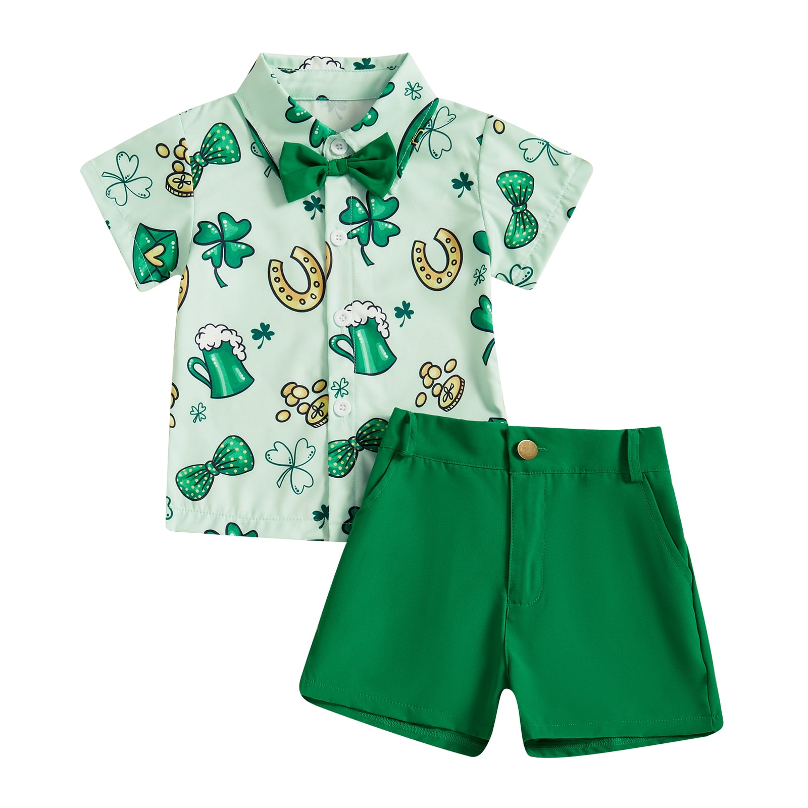 Okbabeha Toddler Boy Irish Shorts Set Clover Button-up Bow Tie Shirt ...
