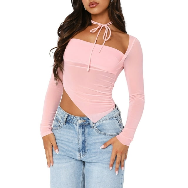 Okbabeha Women Sexy Mesh Sheer T Shirt Long Sleeve Square Neck Crop Tops See Through Patchwork