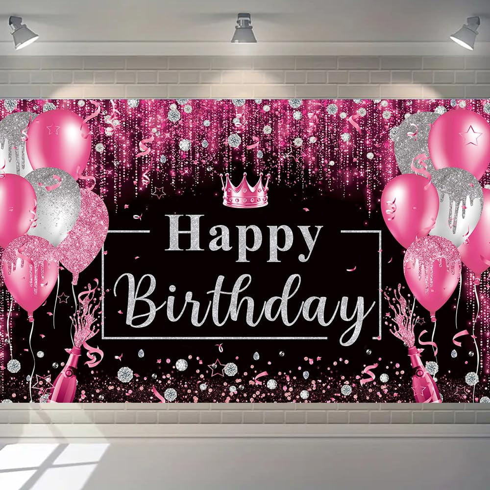 Okelaucfh Pink and Black Happy Birthday Backdrop Pink Glitter Balloon Birthday Party Backdrop ...