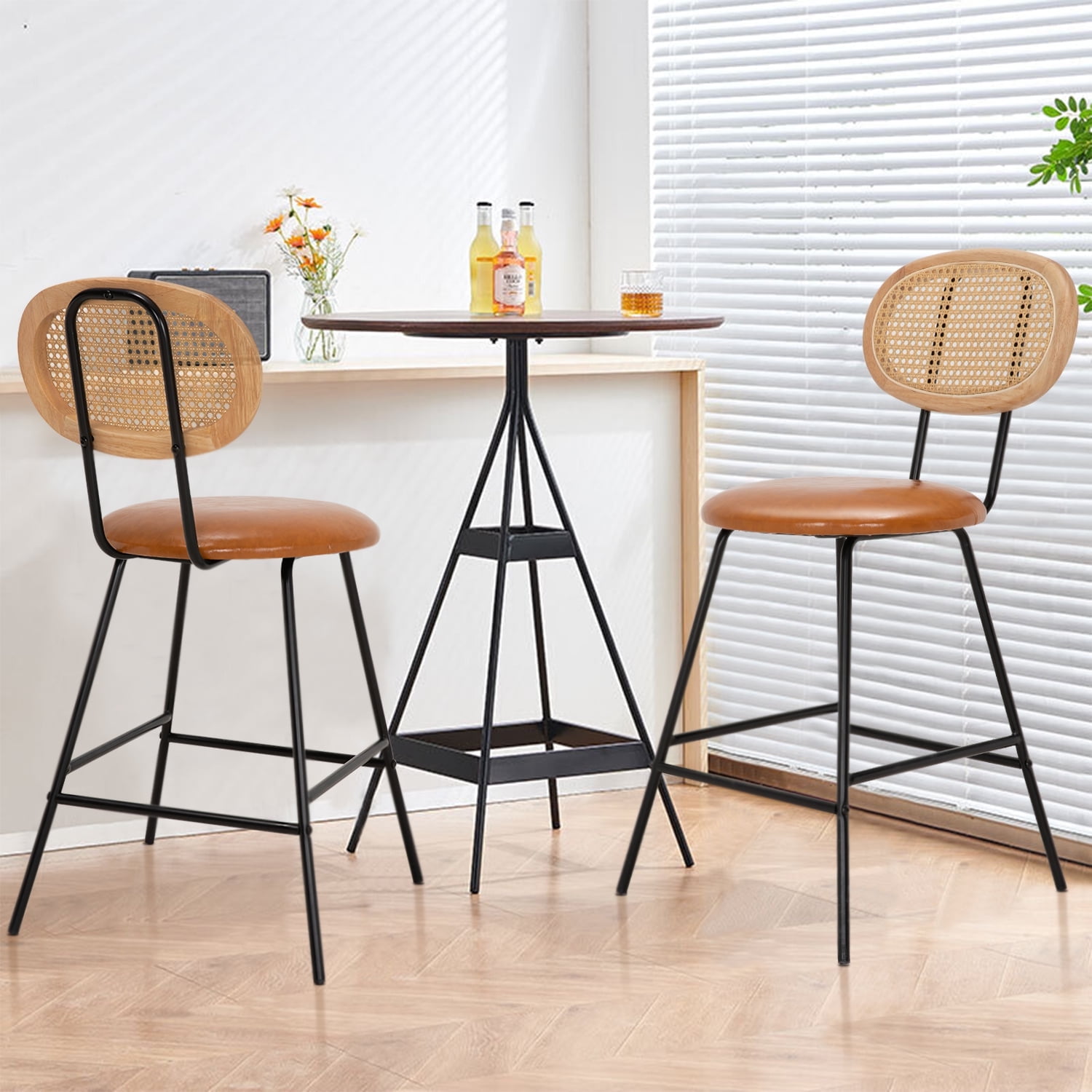 Okeysen 38" Set of 2 Bar Stool Counter Height with Rattan Mid Back ...