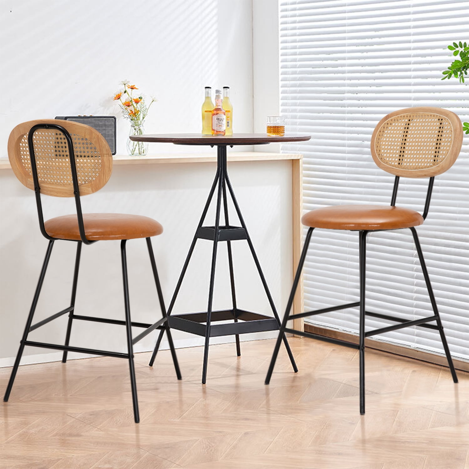 Okeysen 38" Set of 2 Bar Stool Counter Height with Rattan Mid Back ...