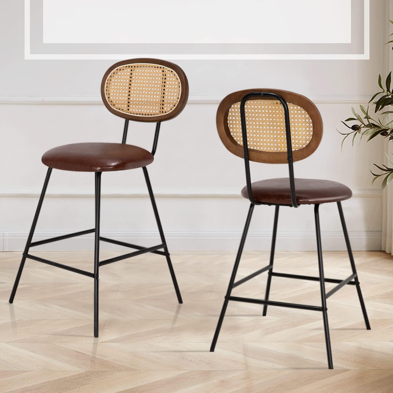 Okeysen Rattan bar Stool, Indoor Leather Bar Stools Set of 2, Counter Height Bar Stools with ...