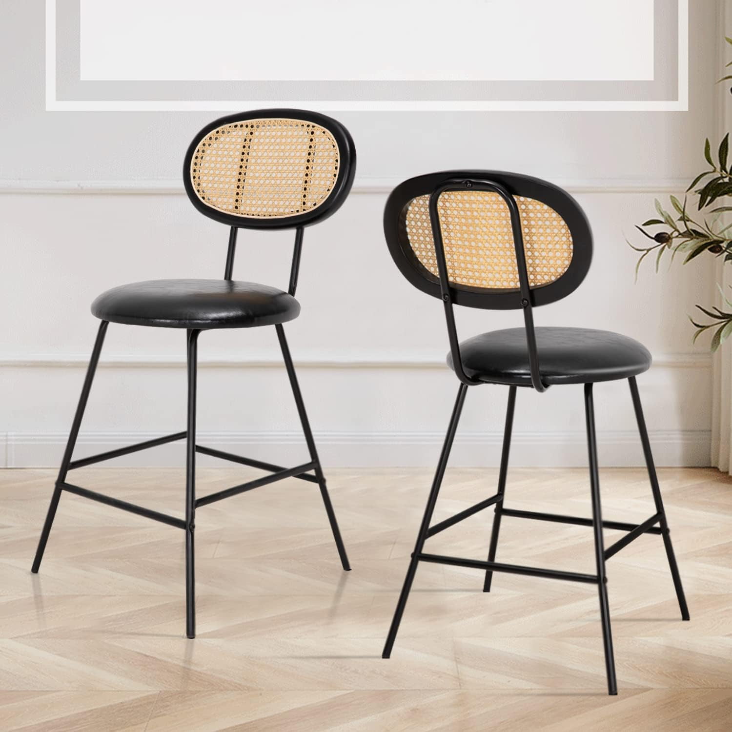 Okeysen Rattan bar Stool,Indoor Leather Bar Stools Set of 2,Counter Height Bar Stools with Metal ...