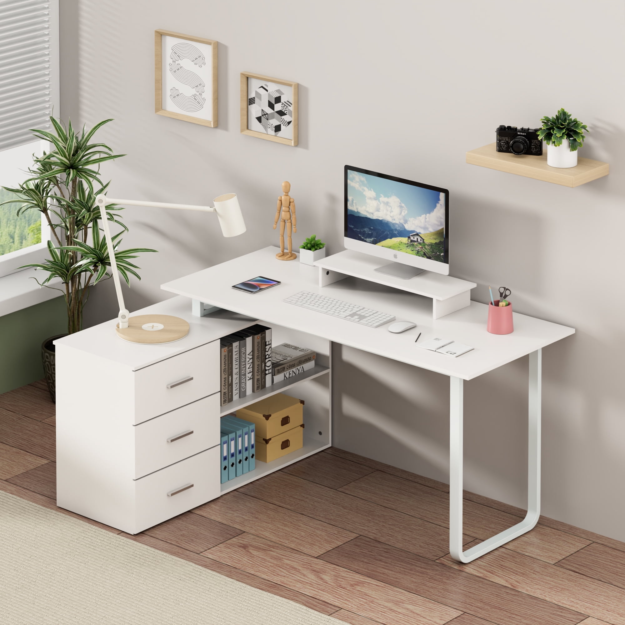 Okeysen L-Shaped Study Desk with File Drawer, Bookshelf, 54"x5.9" for ...