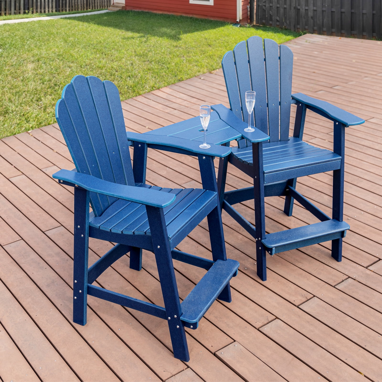Okeysen Outdoor Patio High-Top Adirondack Chair Set with Table, Navy ...