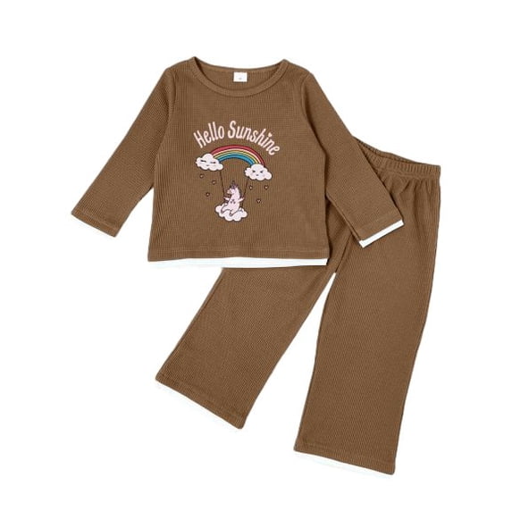 Okgogo Cute Brown Waffle Knit Girls' Clothes Set Rainbow Unicorn Print ...