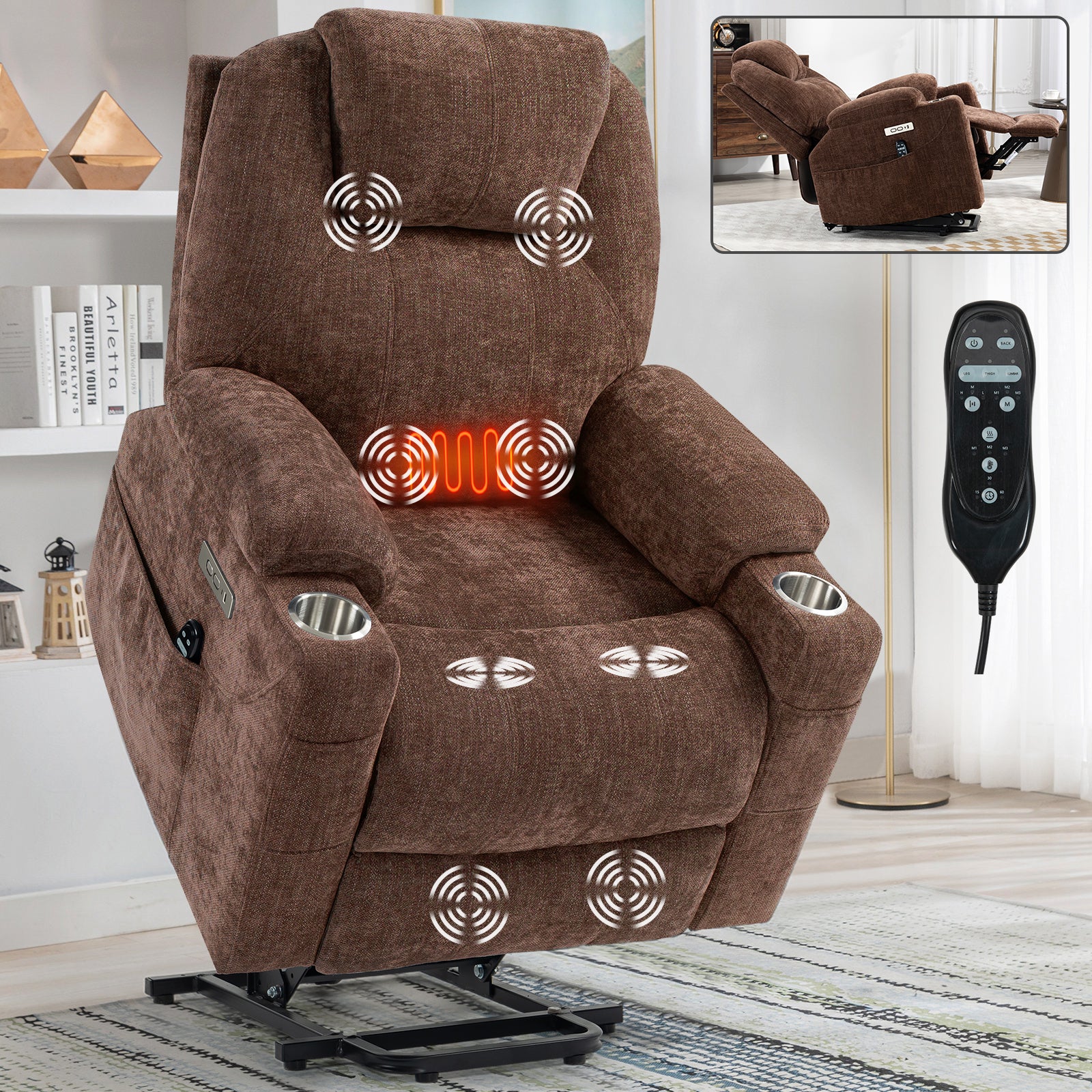 Okin Power Lift Chenille Recliner Chair with Massage & Heat - Brown ...