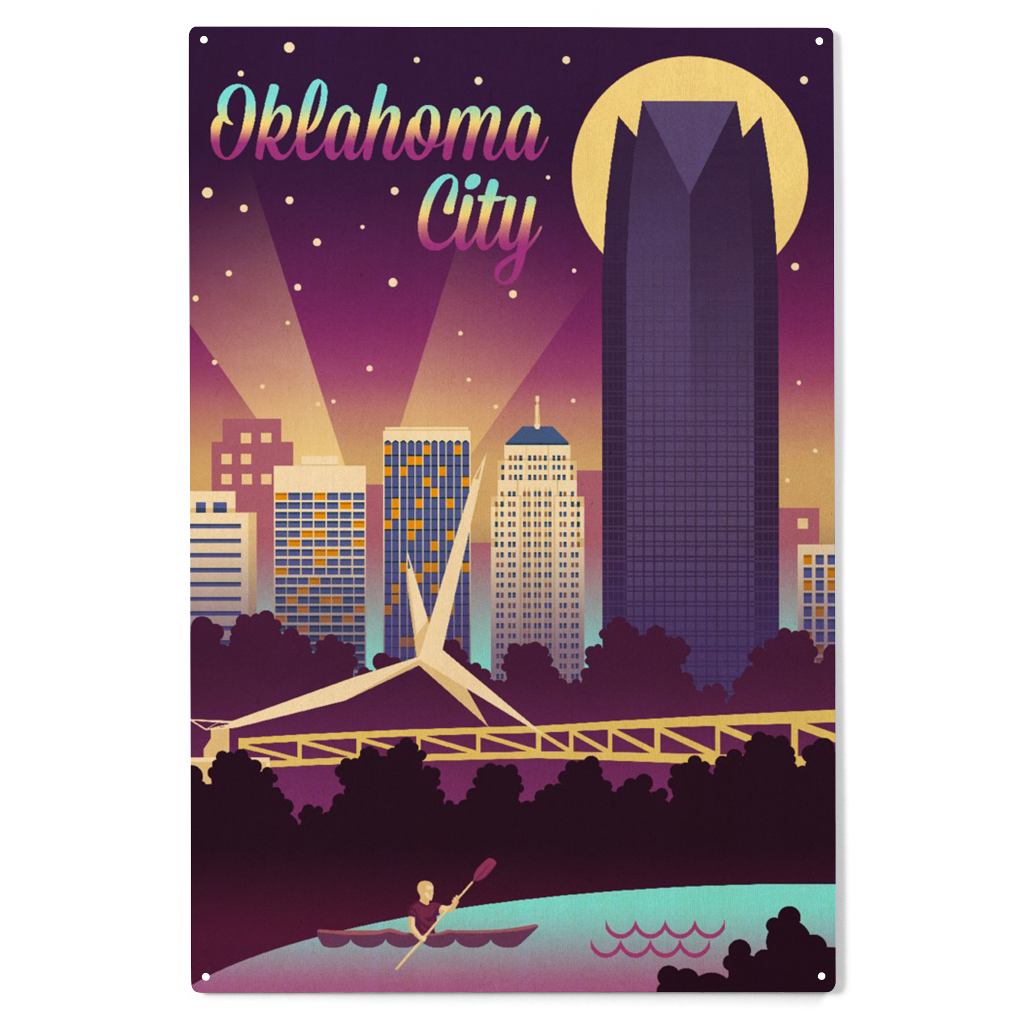 Oklahoma City, Oklahoma, Retro Skyline Chromatic Series Birch Wood Wall ...