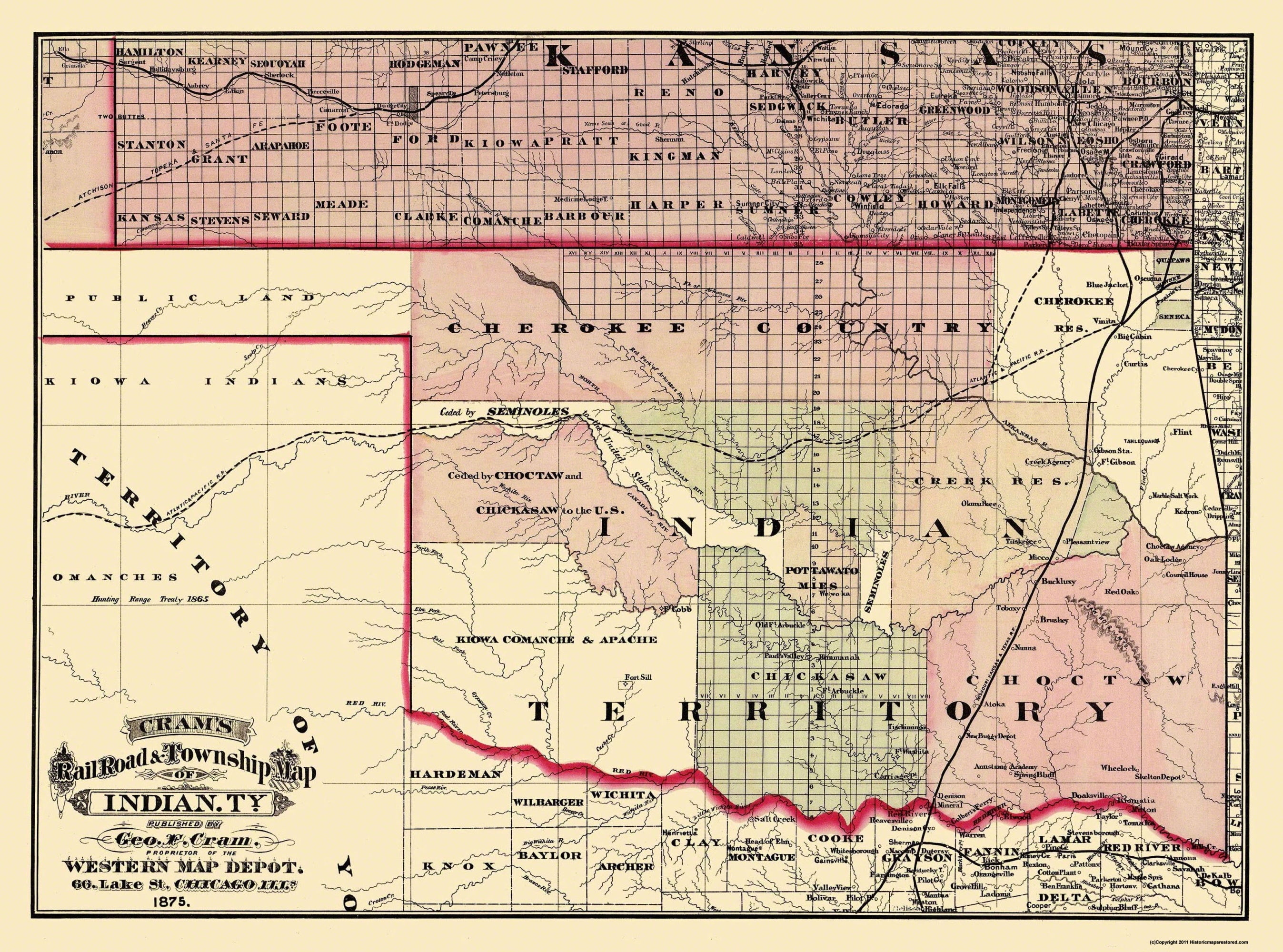 Historic State Map - Oklahoma Indian Territory - Cram 1875 - 31 x 23 ...